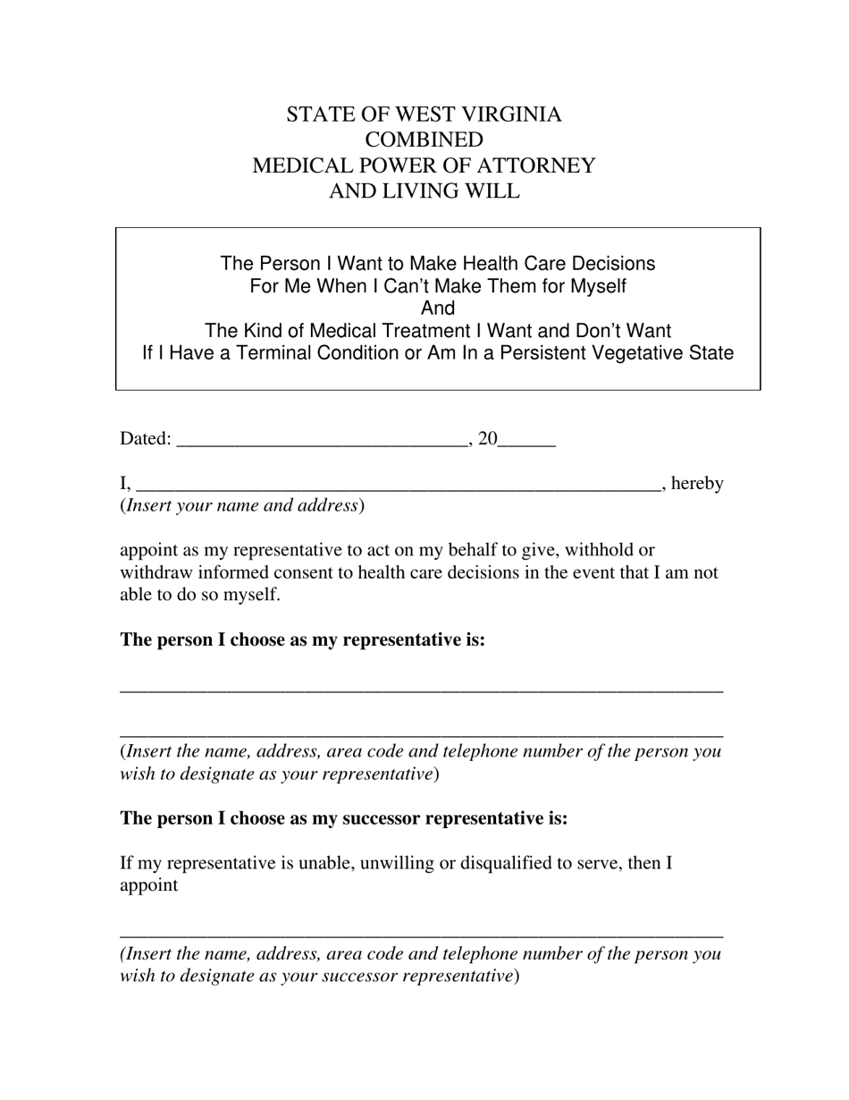 West Virginia Combined Medical Power of Attorney and Living Will Form ...
