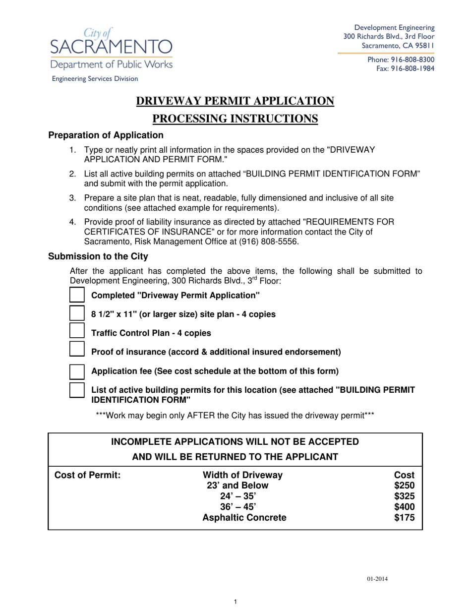 City of Sacramento, California Driveway Permit Application - Fill Out ...