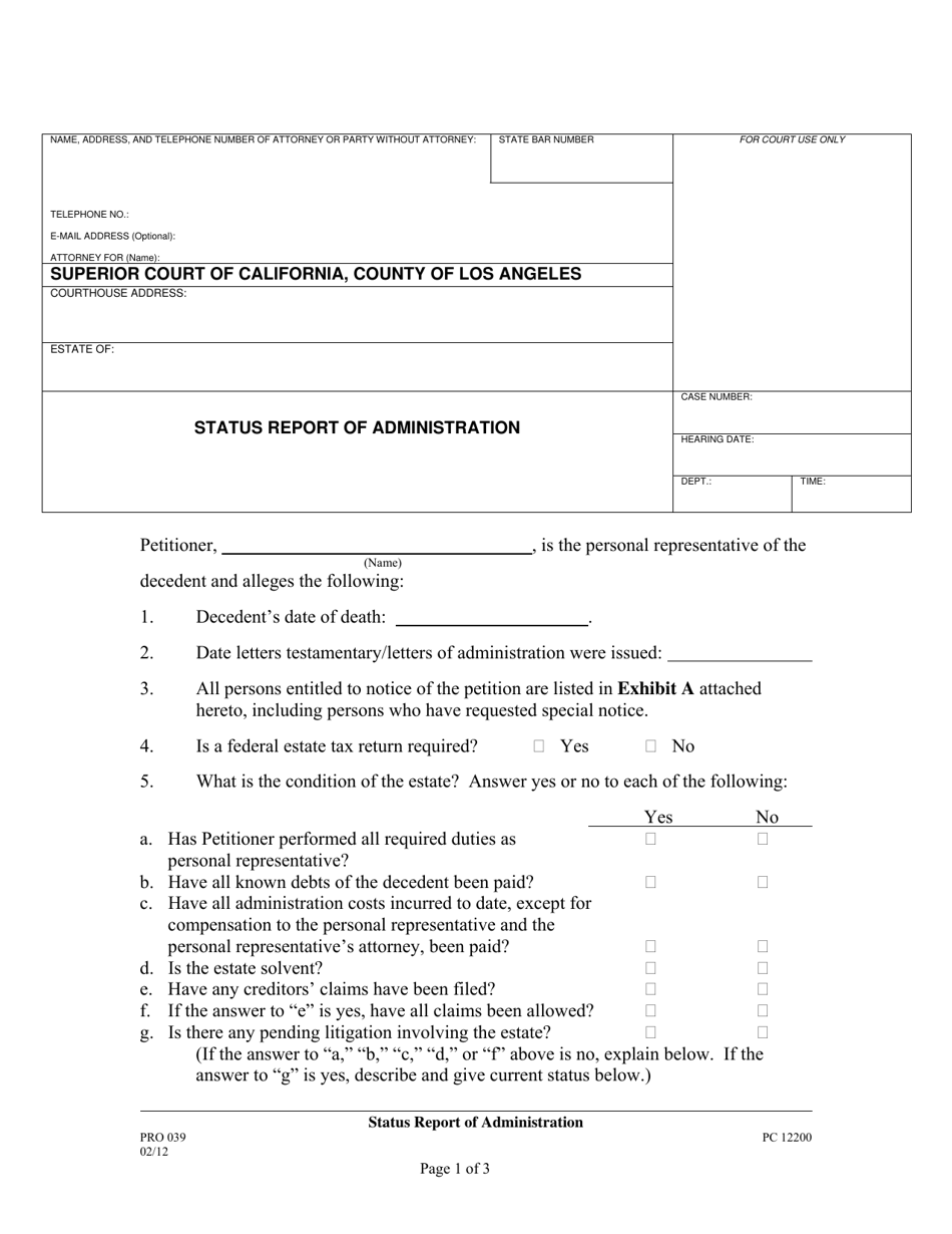 Form PRO039 - Fill Out, Sign Online and Download Fillable PDF, County ...