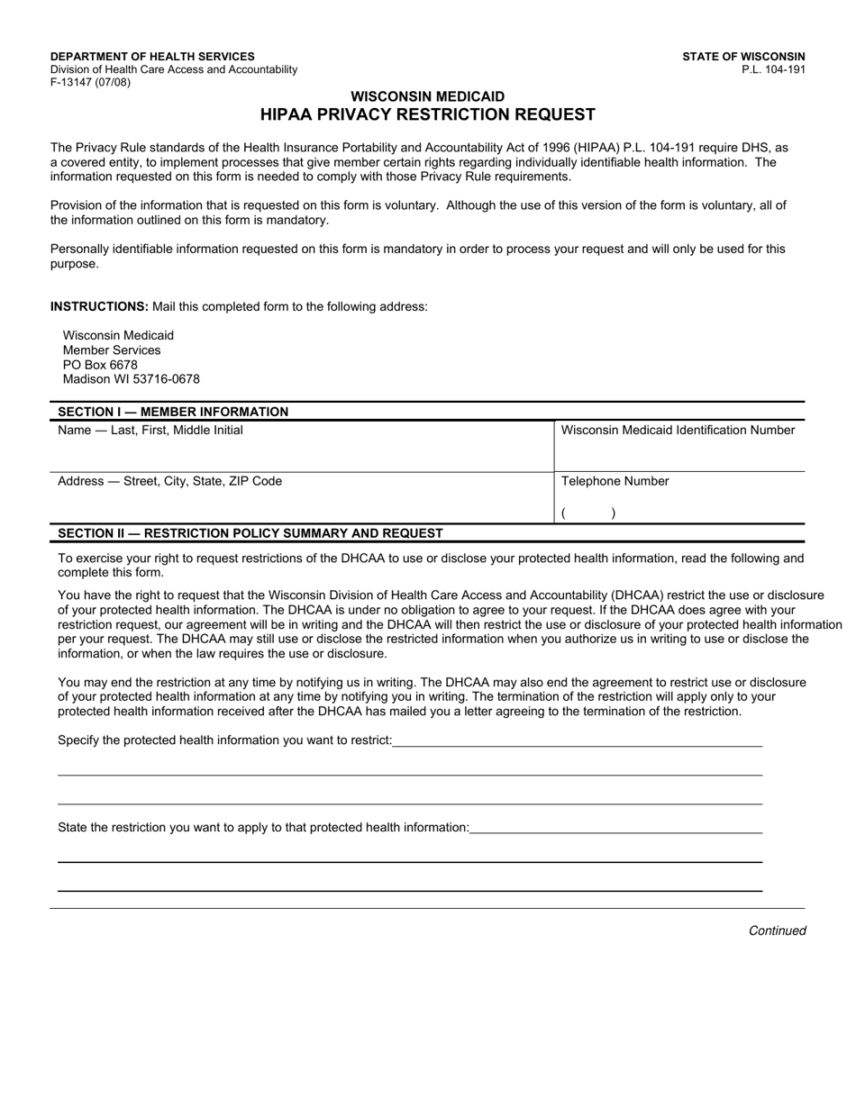 Form F-13147 - Fill Out, Sign Online and Download Fillable PDF ...