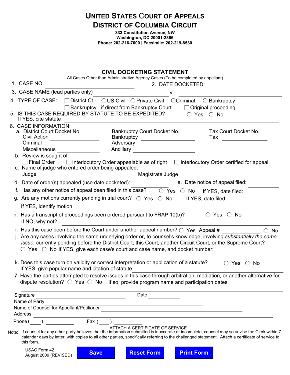 USCA Form 42 - Fill Out, Sign Online and Download Fillable PDF ...