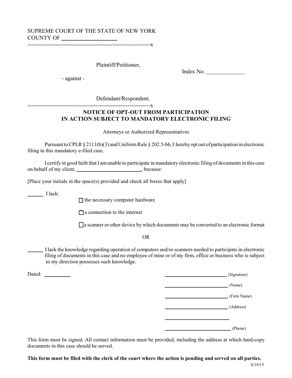 New York Notice of Opt-Out From Participation in Action Subject to ...