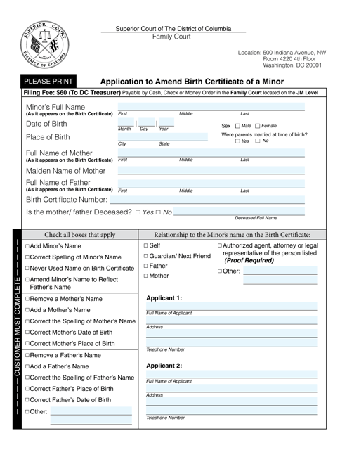 Washington D C Application To Amend Birth Certificate Of A Minor