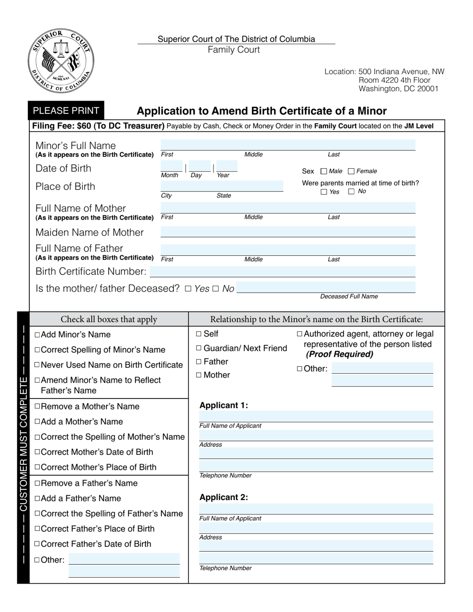 Washington D C Application To Amend Birth Certificate Of A Minor Washington D C Application To Amend Birth Certificate Of A Minor