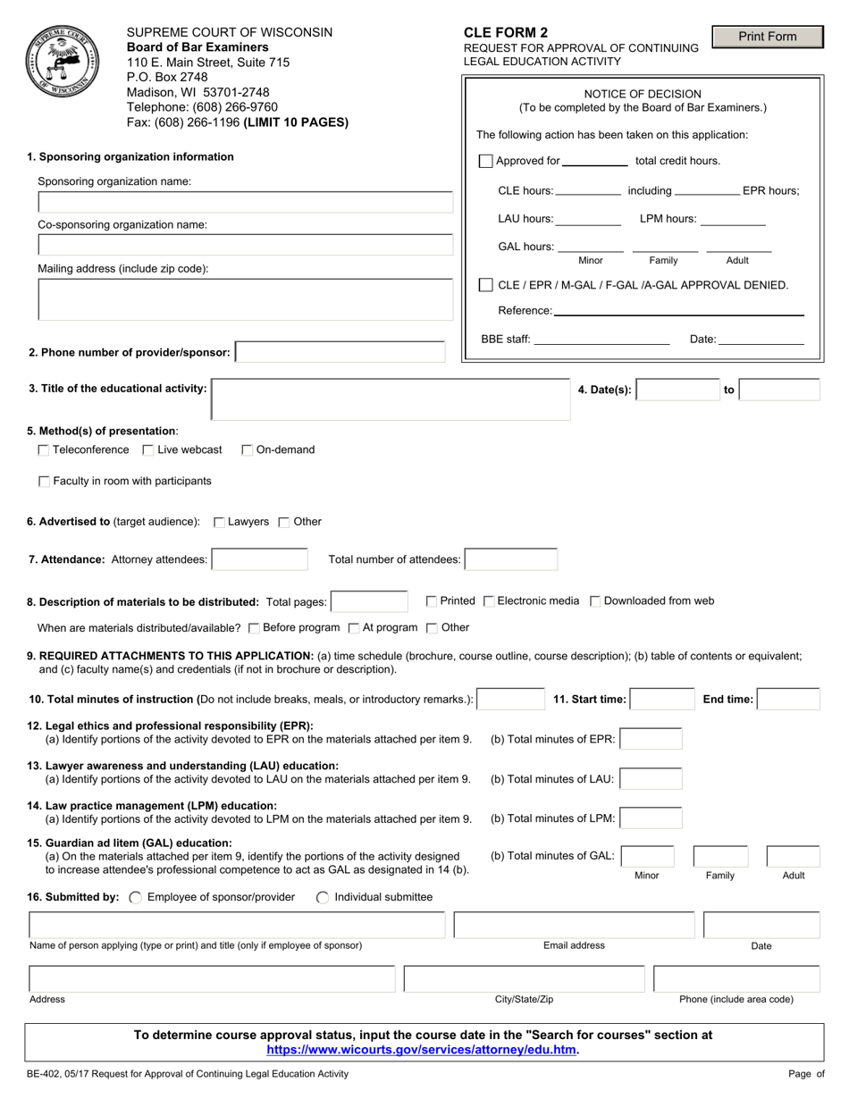 CLE Form 2 - Fill Out, Sign Online and Download Fillable PDF, Wisconsin ...