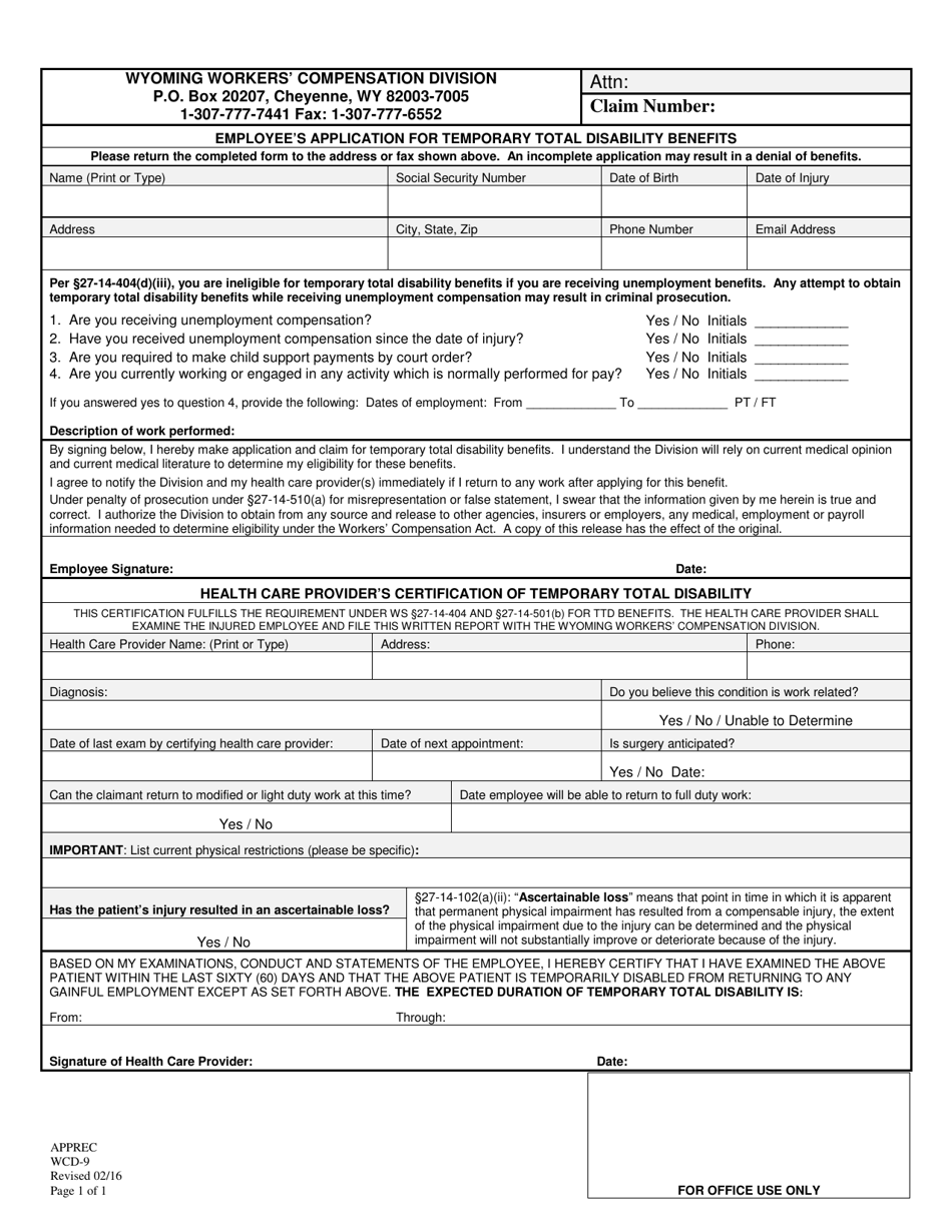 Form WCD-9 - Fill Out, Sign Online and Download Printable PDF, Wyoming ...
