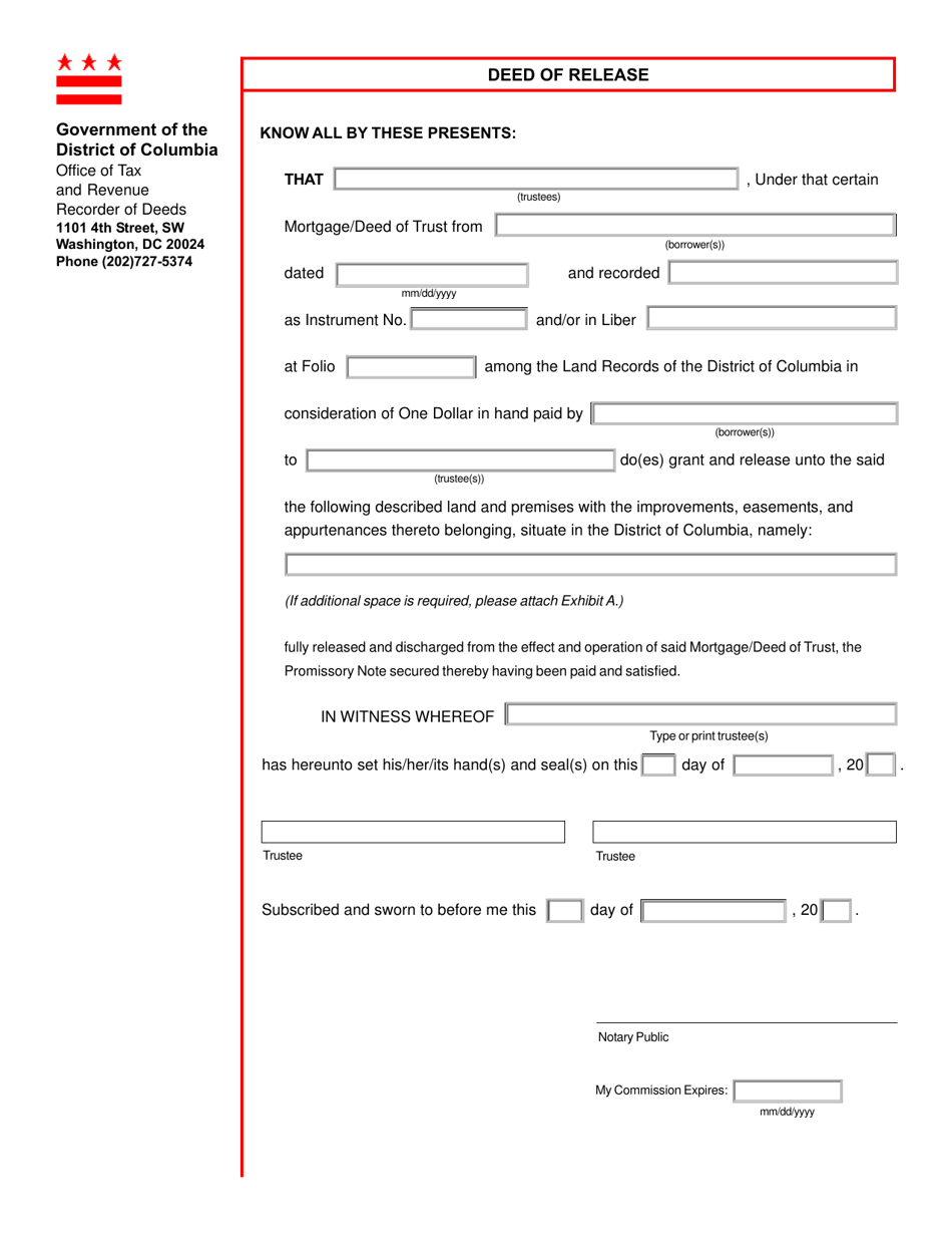Washington, D.C. Deed of Release - Fill Out, Sign Online and Download ...