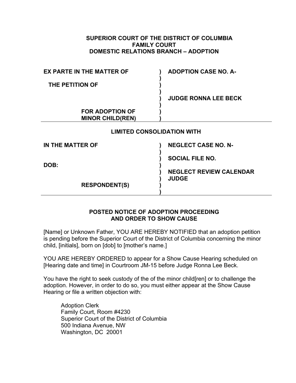 Washington, D.C. Posted Notice of Adoption Proceeding and Order to Show ...