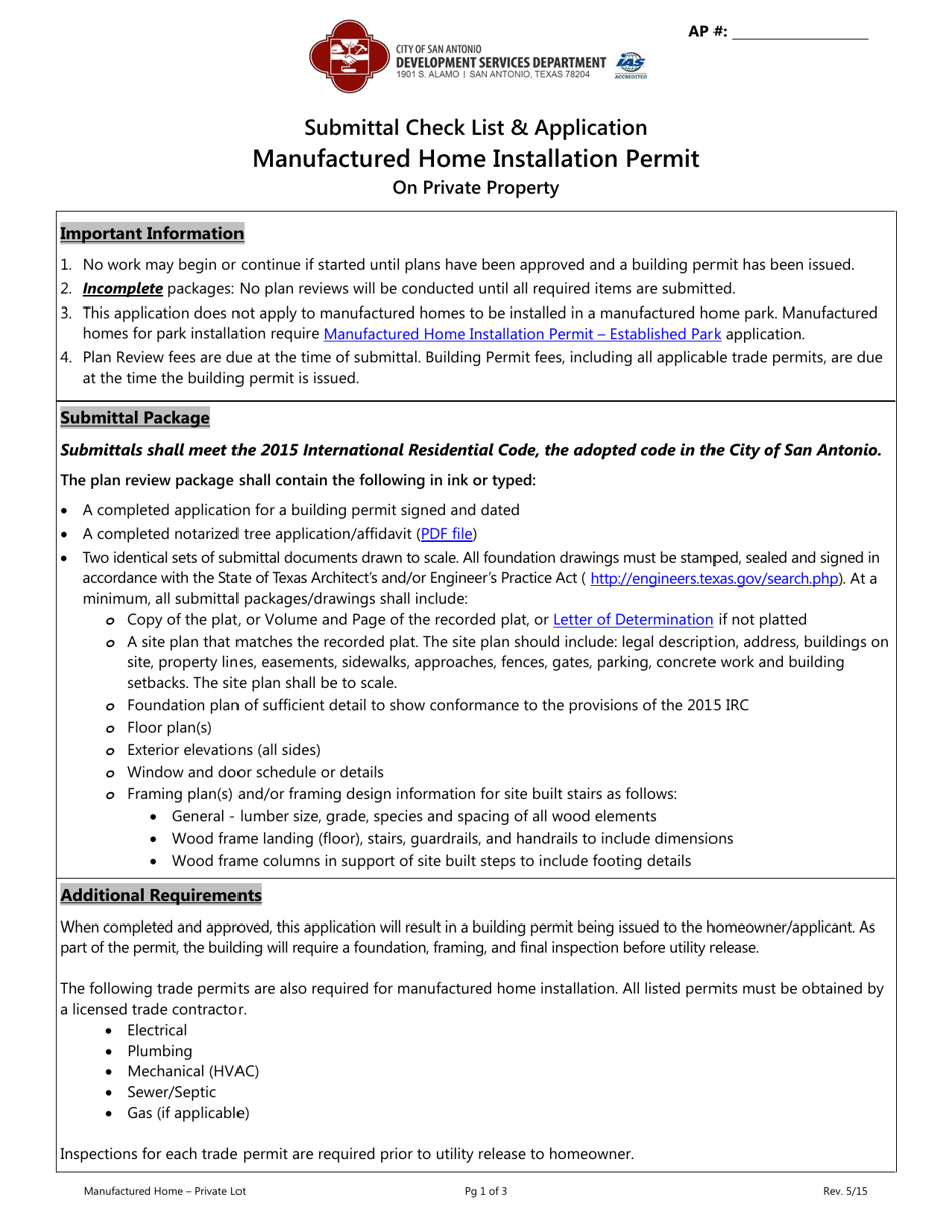 City of San Antonio, Texas Manufactured Home Installation Application ...