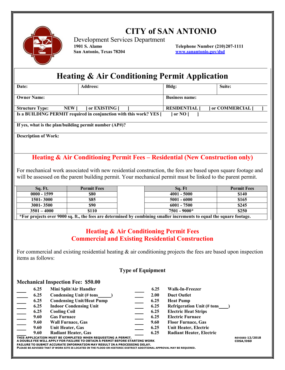 City of San Antonio, Texas Heating & Air Conditioning Permit ...