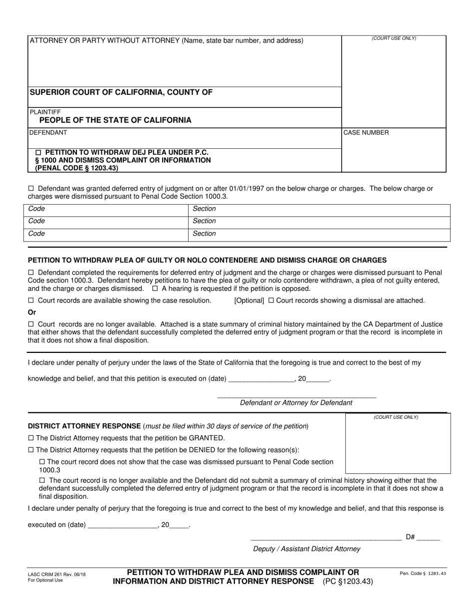 Form LASC CRIM261 - Fill Out, Sign Online and Download Fillable PDF ...