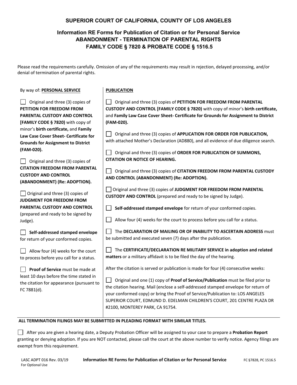 Form LASC ADPT016 - Fill Out, Sign Online and Download Fillable PDF ...
