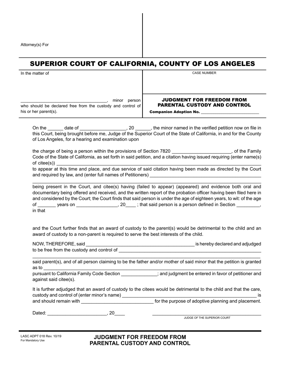 Form LASC ADPT018 - Fill Out, Sign Online and Download Fillable PDF ...