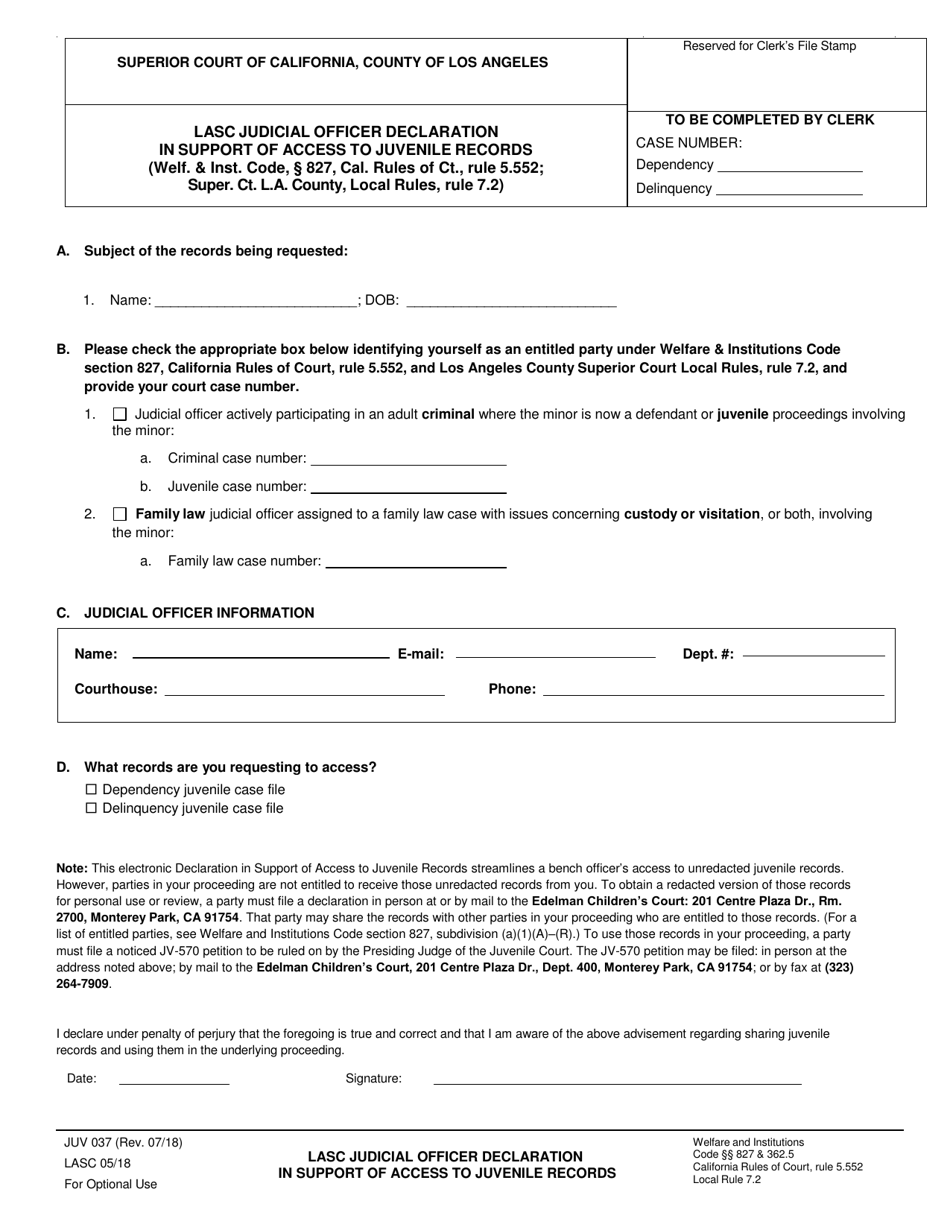 Form JUV037 - Fill Out, Sign Online and Download Fillable PDF, County ...