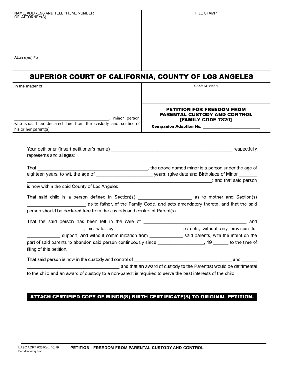 Form LASC ADPT025 - Fill Out, Sign Online and Download Fillable PDF ...
