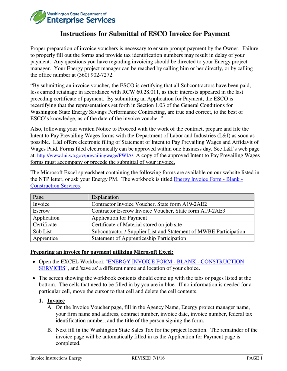 Washington Instructions for Submittal of Esco Invoice for Payment ...