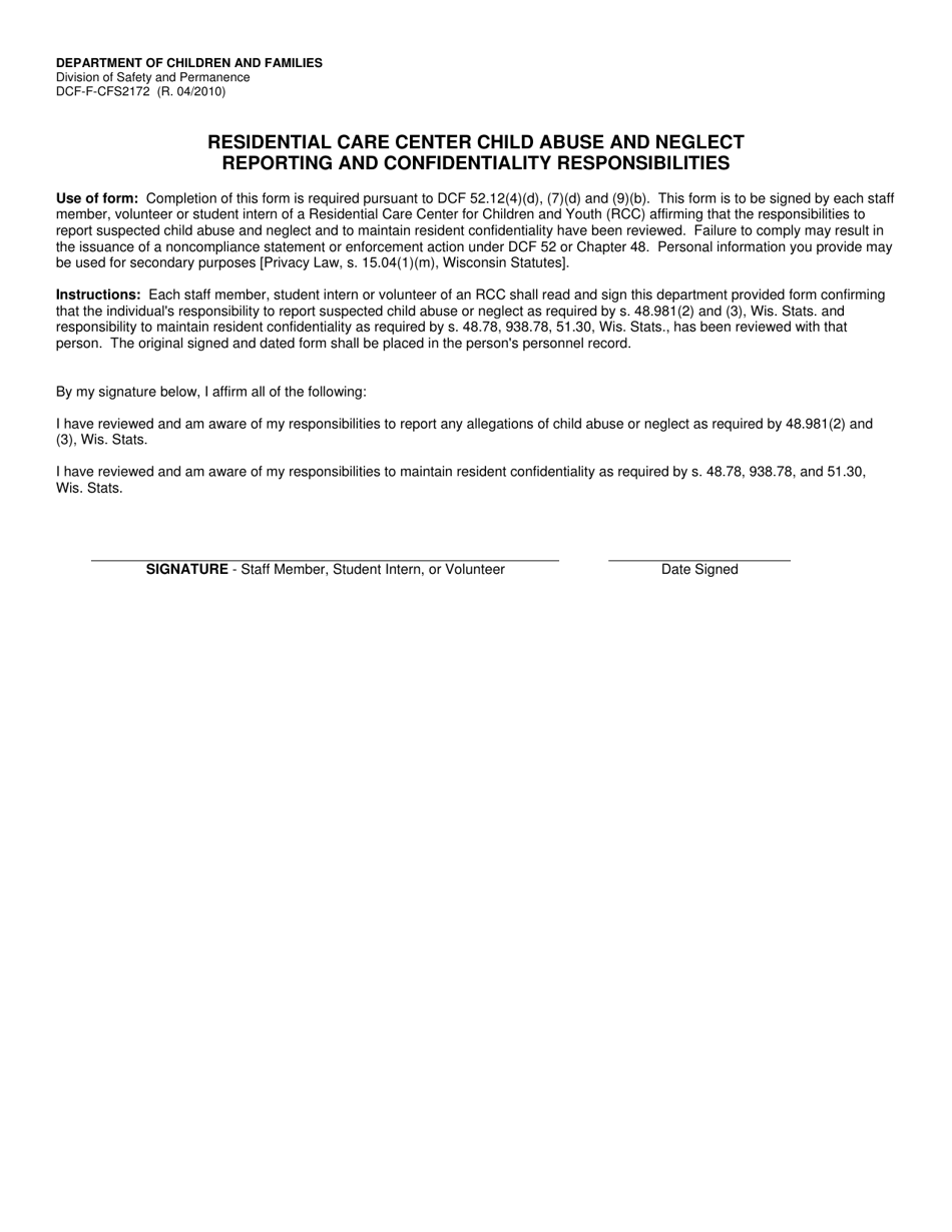 Form DCF-F-CFS2172 - Fill Out, Sign Online and Download Printable PDF ...