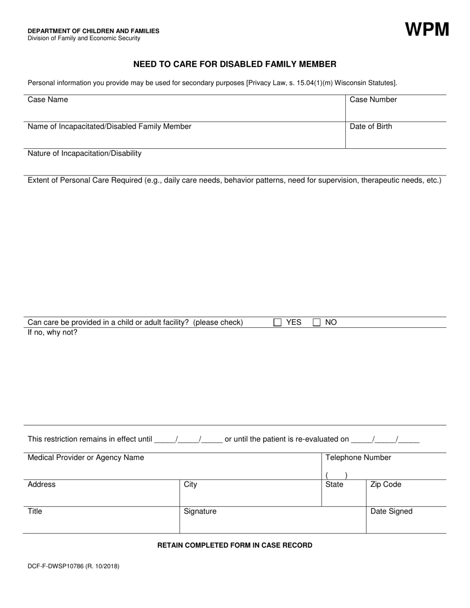 Form DCF-F-DWSP10786 - Fill Out, Sign Online and Download Printable PDF ...