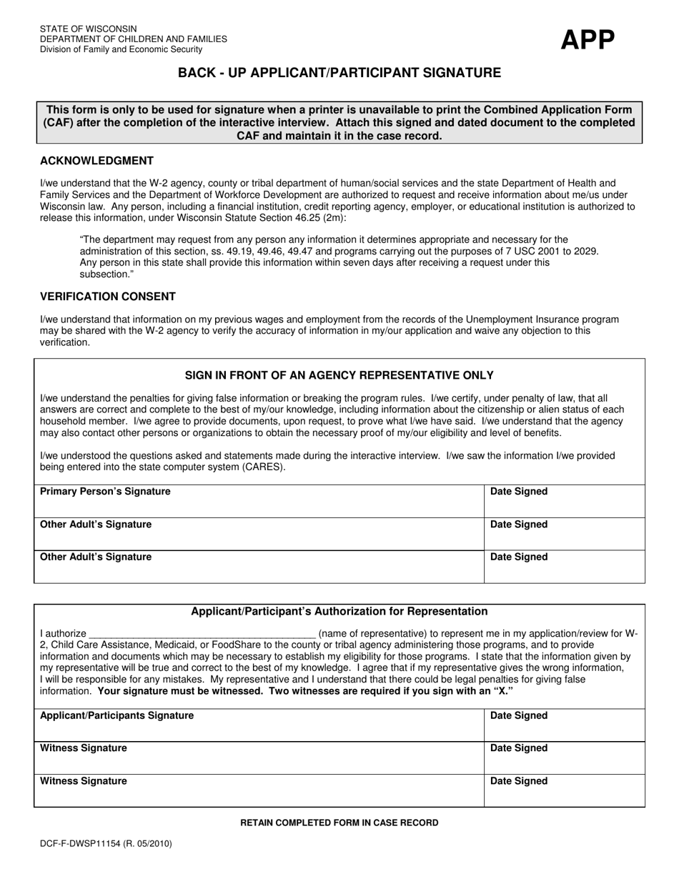 Form DCF-F-DWSP11154 - Fill Out, Sign Online and Download Printable PDF ...