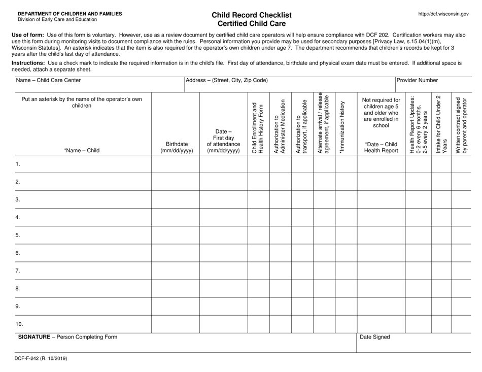 Form DCF-F-242 - Fill Out, Sign Online and Download Printable PDF ...