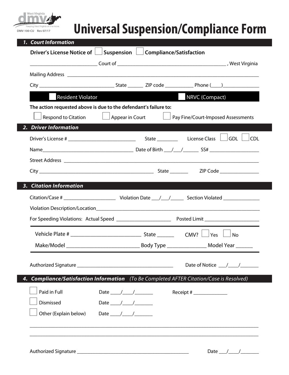 Form DMV-100-CU - Fill Out, Sign Online and Download Fillable PDF, West ...