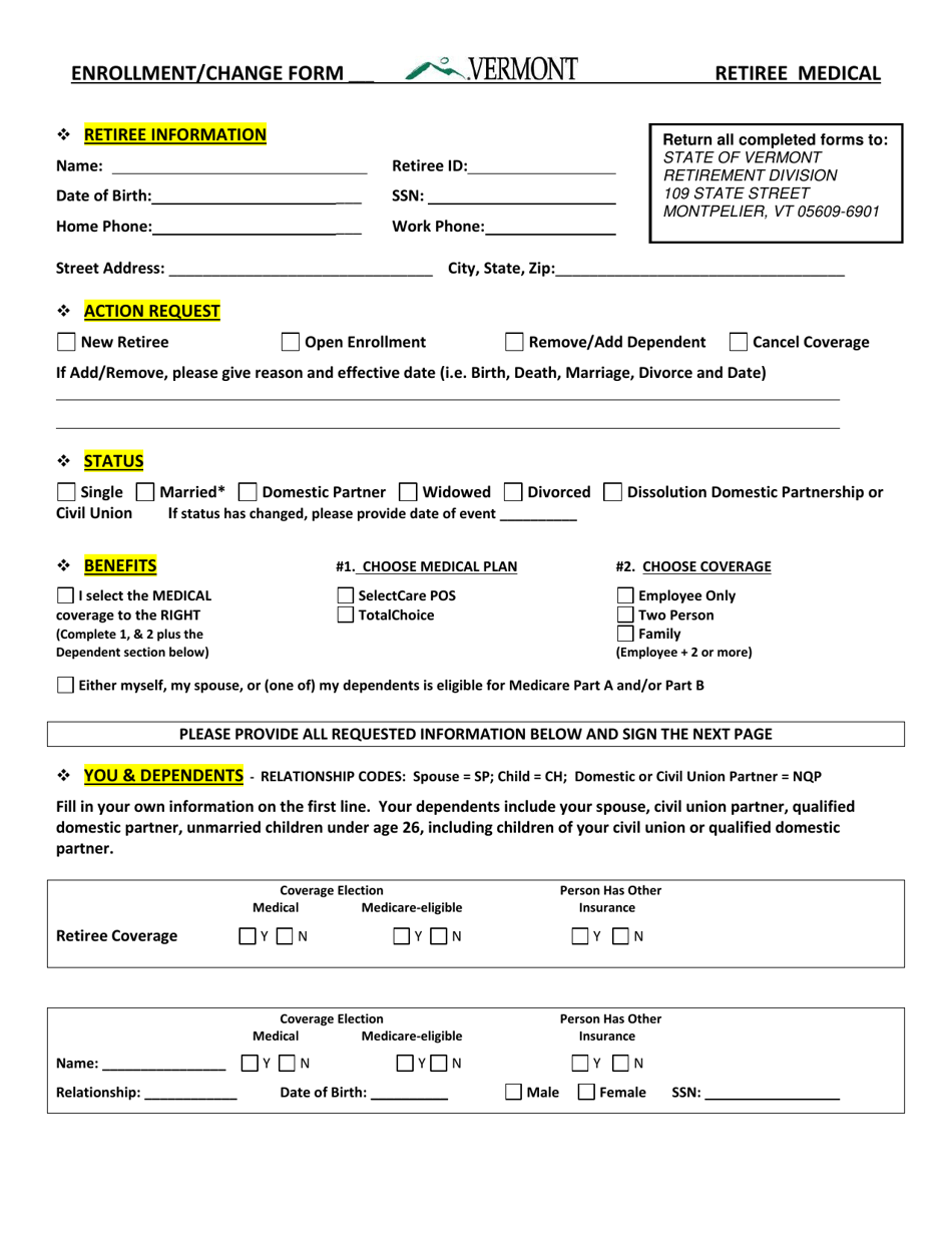 Vermont Group Health Insurance Enrollment/Change Form - Retiree Medical ...