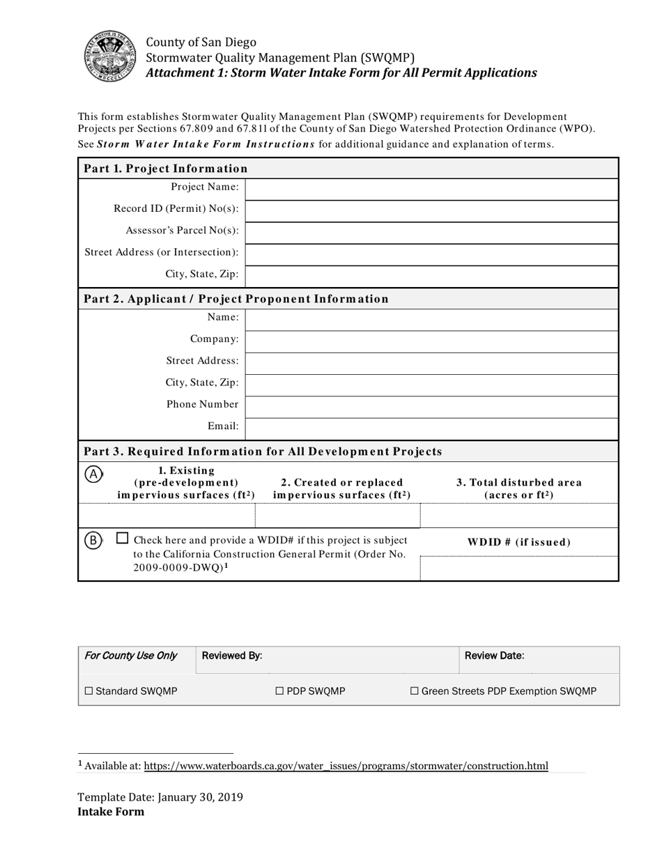 County of San Diego, California Storm Water Intake Form for All Permit ...