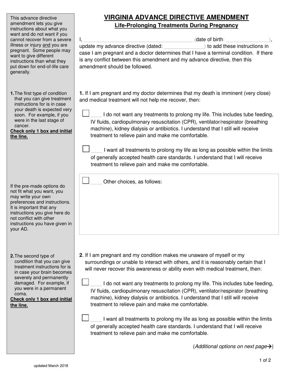 Virginia Virginia Advance Directive Amendment - Life-Prolonging ...