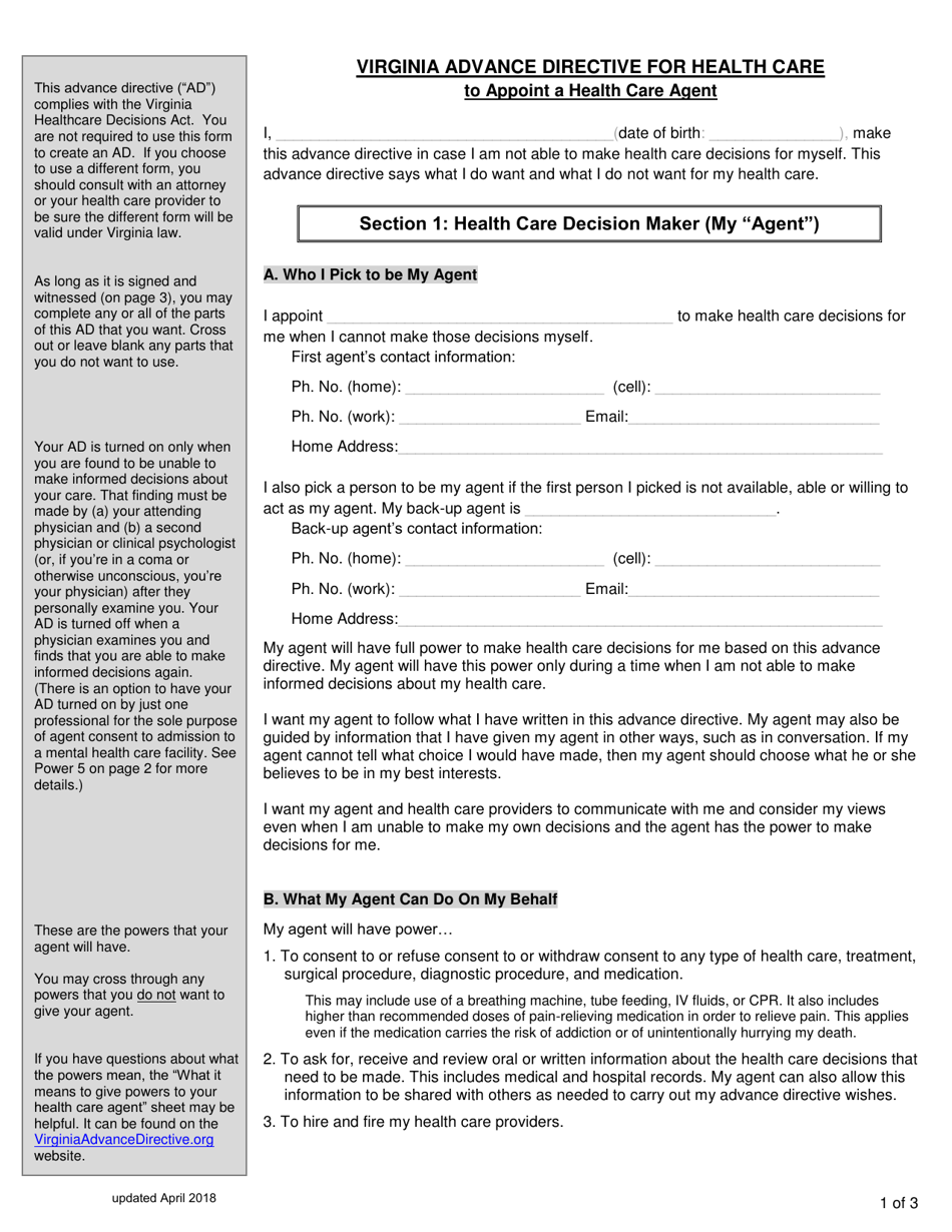 Virginia Virginia Advance Directive for Health Care to Appoint a ...