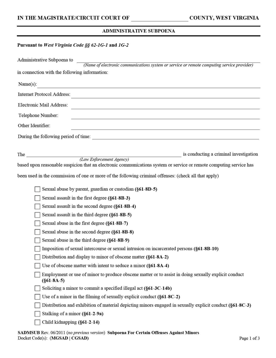 West Virginia Administrative Subpoena - Fill Out, Sign Online and ...