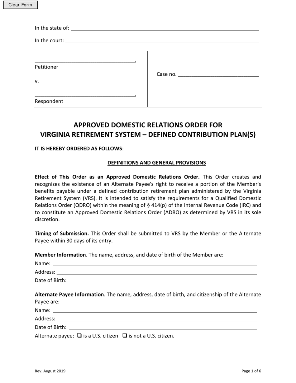Virginia Approved Domestic Relations Order for Virginia Retirement ...