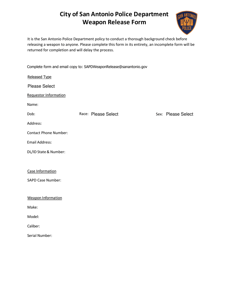 City of San Antonio, Texas Weapon Release Form - Fill Out, Sign Online ...