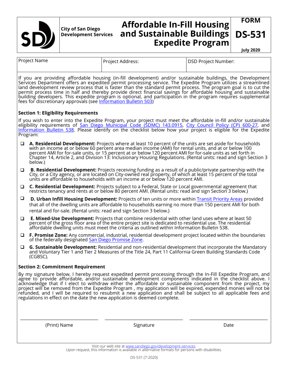 Form DS-531 - Fill Out, Sign Online and Download Printable PDF, City of San Diego, California ...