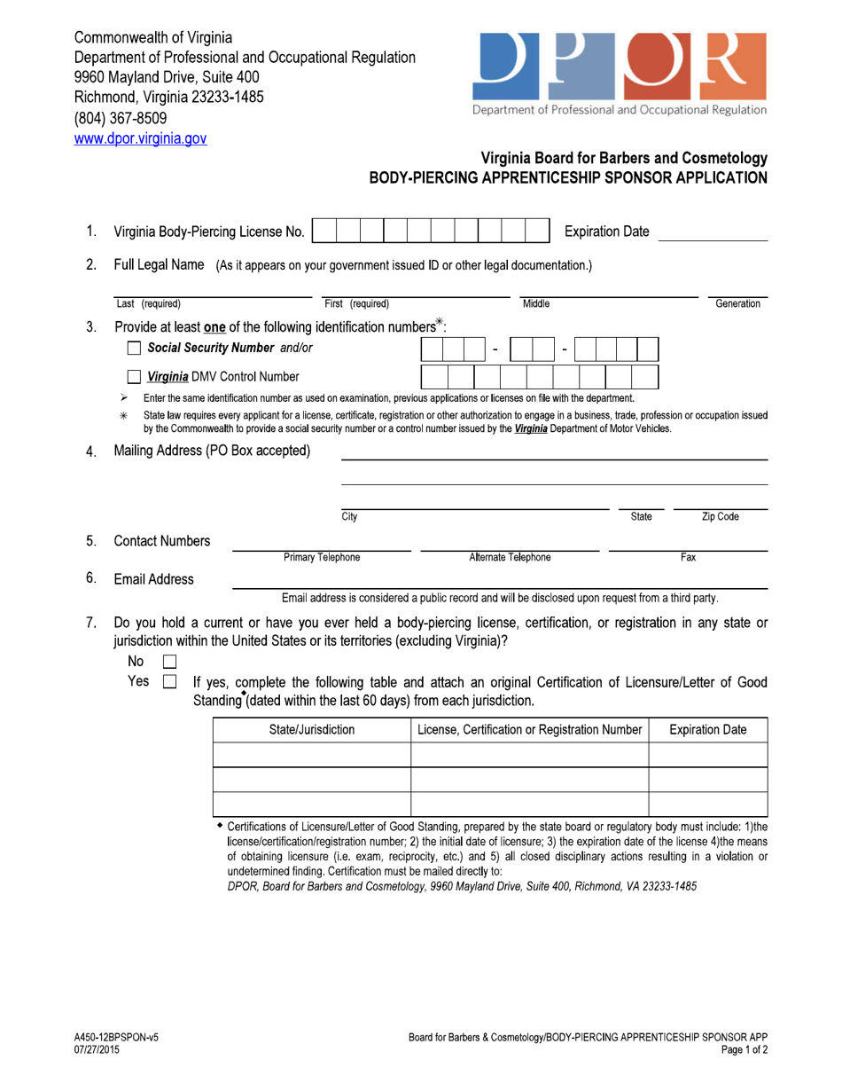Form A450-12BPSPON - Fill Out, Sign Online and Download Fillable PDF, Virginia | Templateroller