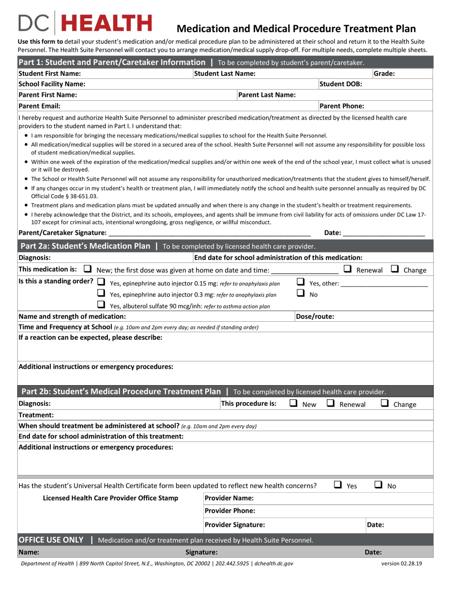 Washington, D.C. Medication and Medical Procedure Treatment Plan - Fill ...