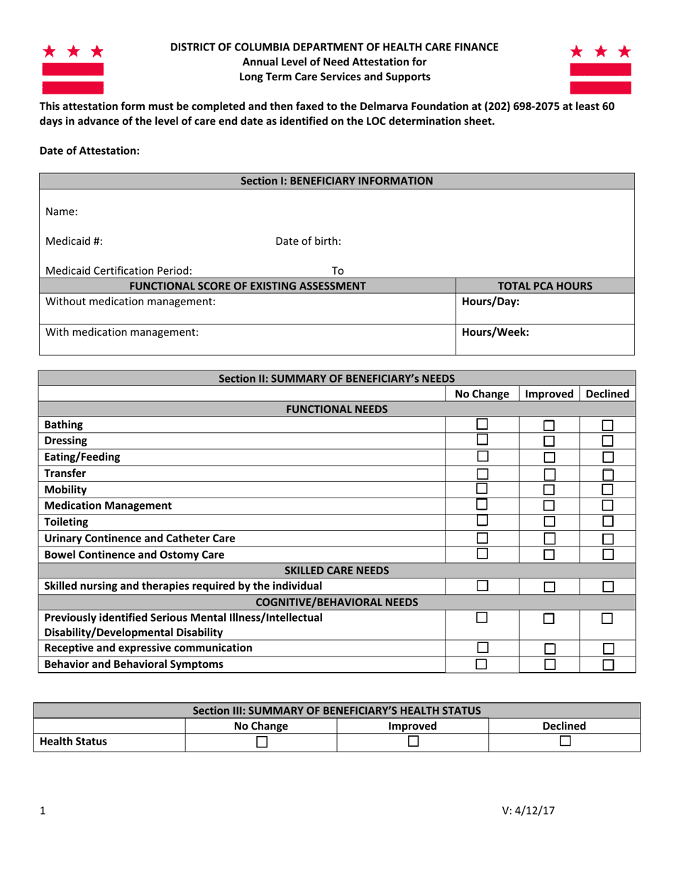 Washington, D.C. Annual Level of Need Attestation for Long Term Care ...
