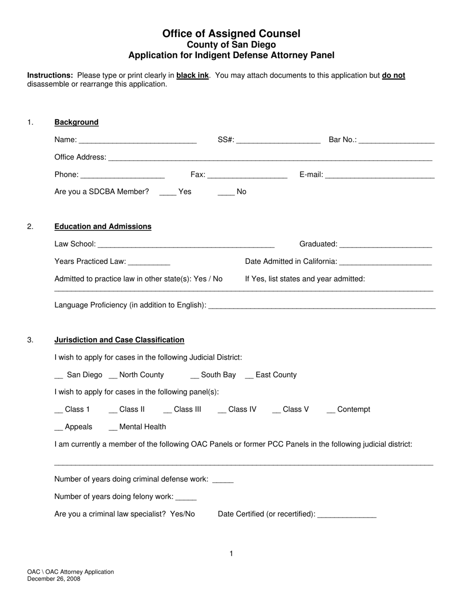 County of San Diego, California Application for Indigent Defense ...