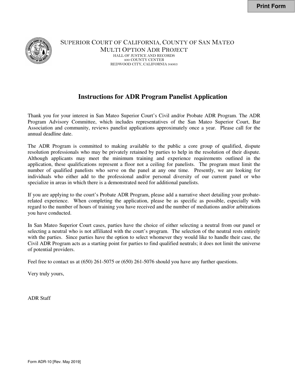 Form ADR-10 - Fill Out, Sign Online and Download Fillable PDF, County ...