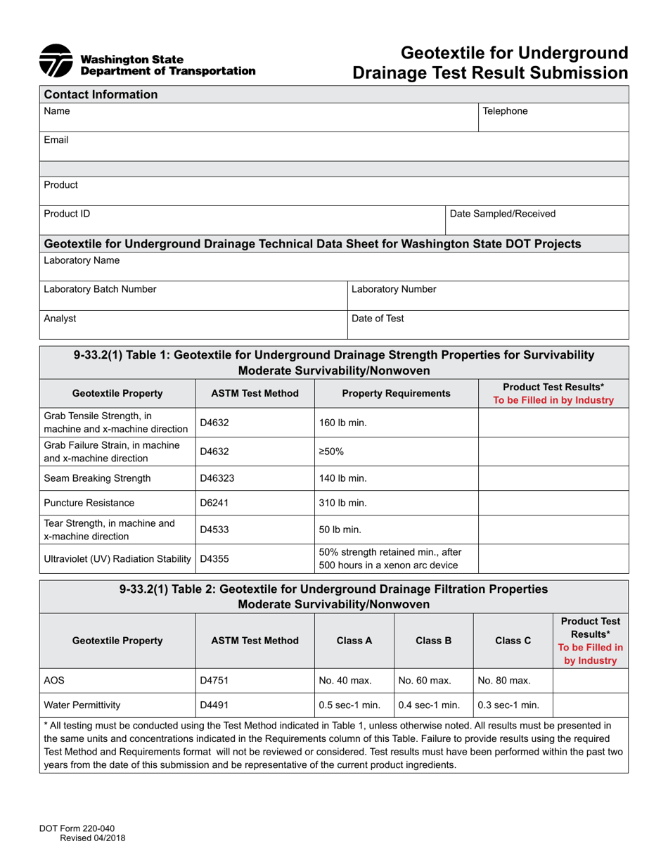 DOT Form 220-040 - Fill Out, Sign Online and Download Fillable PDF ...