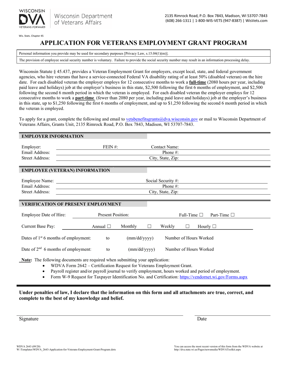 Form WDVA2643 - Fill Out, Sign Online and Download Fillable PDF ...