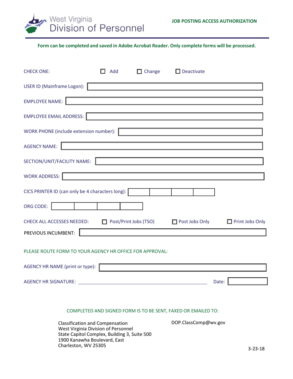 West Virginia Job Posting Access Authorization - Fill Out, Sign Online ...