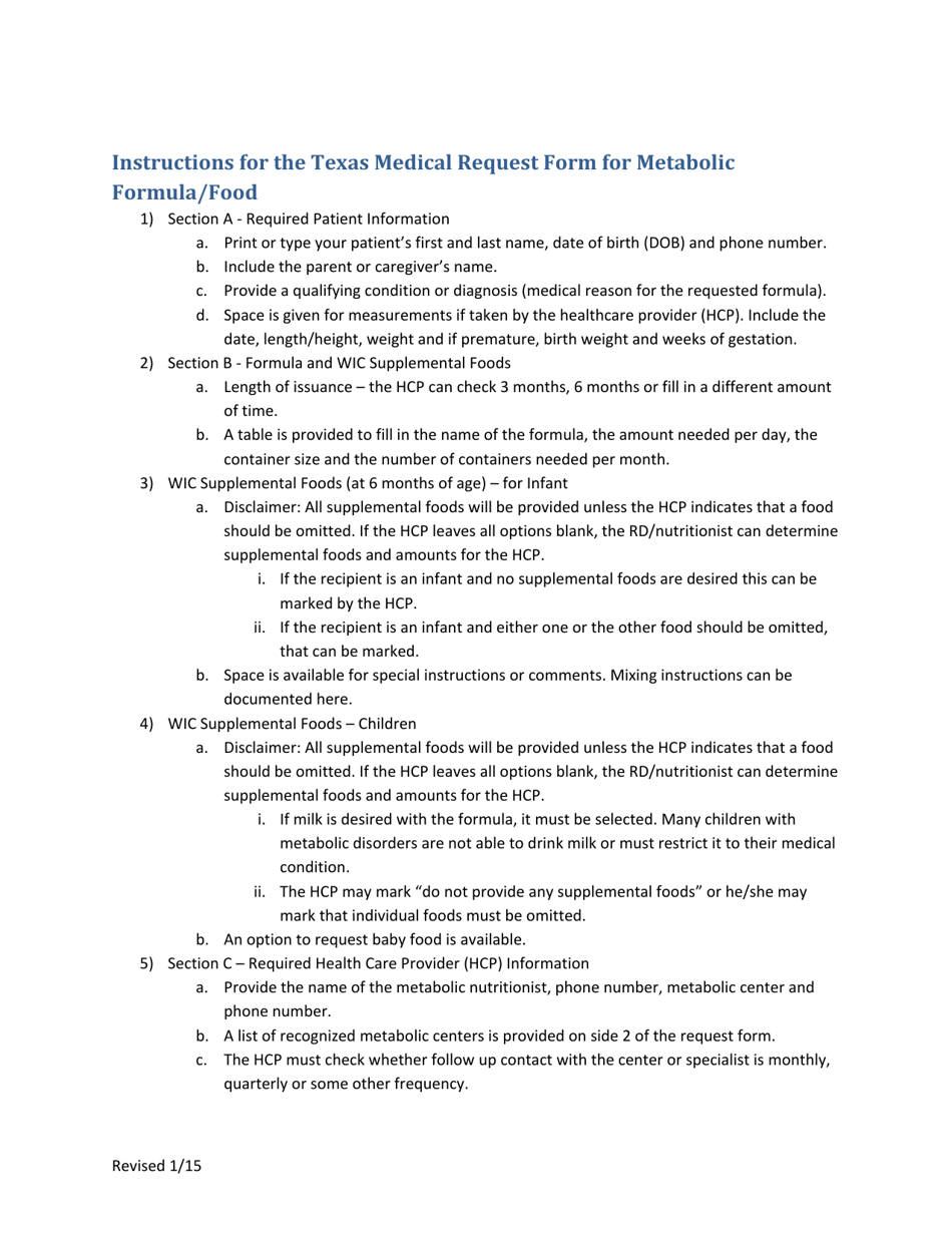 Download Instructions for Texas Wic Medical Request for Metabolic ...