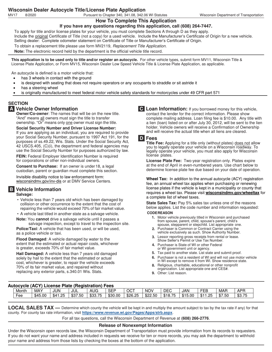 Form MV17 - Fill Out, Sign Online and Download Fillable PDF, Wisconsin ...