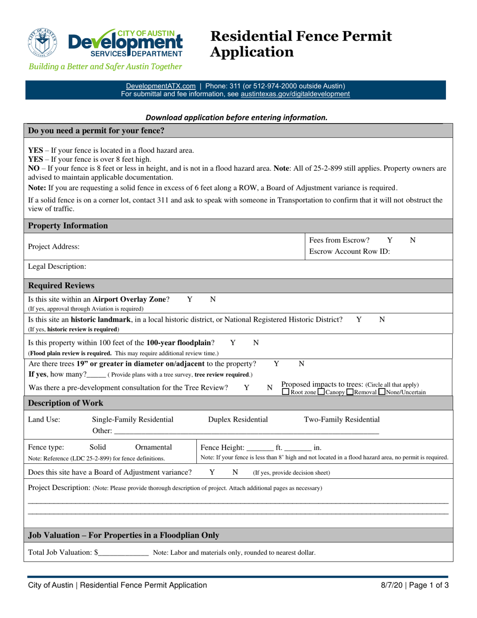 City of Austin, Texas Residential Fence Permit Application - Fill Out ...