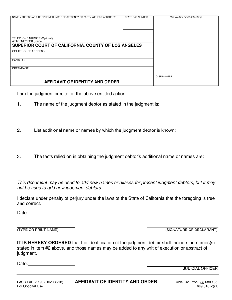 Form LASC LACIV198 - Fill Out, Sign Online and Download Fillable PDF ...