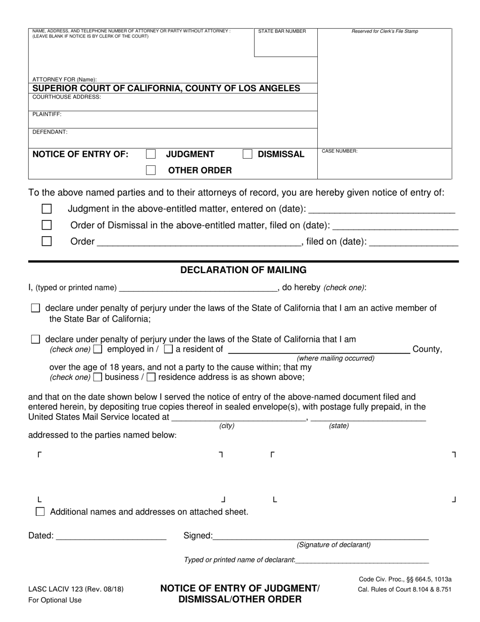 Form LASC LACIV123 - Fill Out, Sign Online and Download Fillable PDF ...