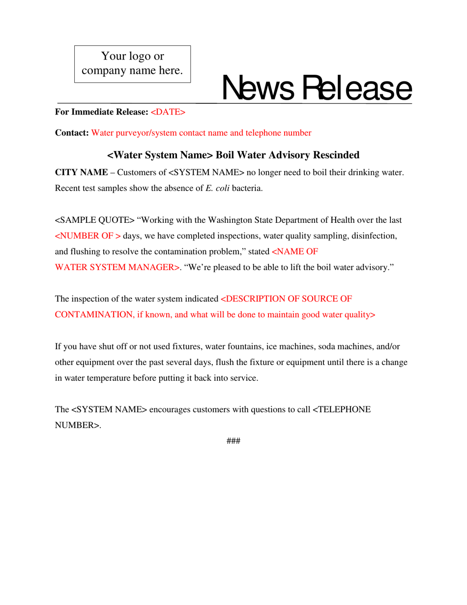 Washington News Release Cancel Boil Water Advisory Template - Fill Out ...