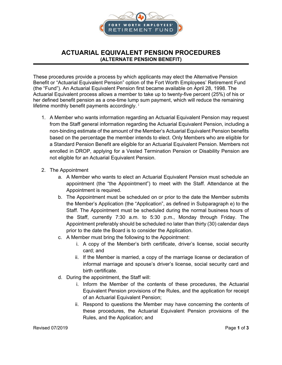 City of Fort Worth, Texas Actuarial Equivalent Pension Application ...