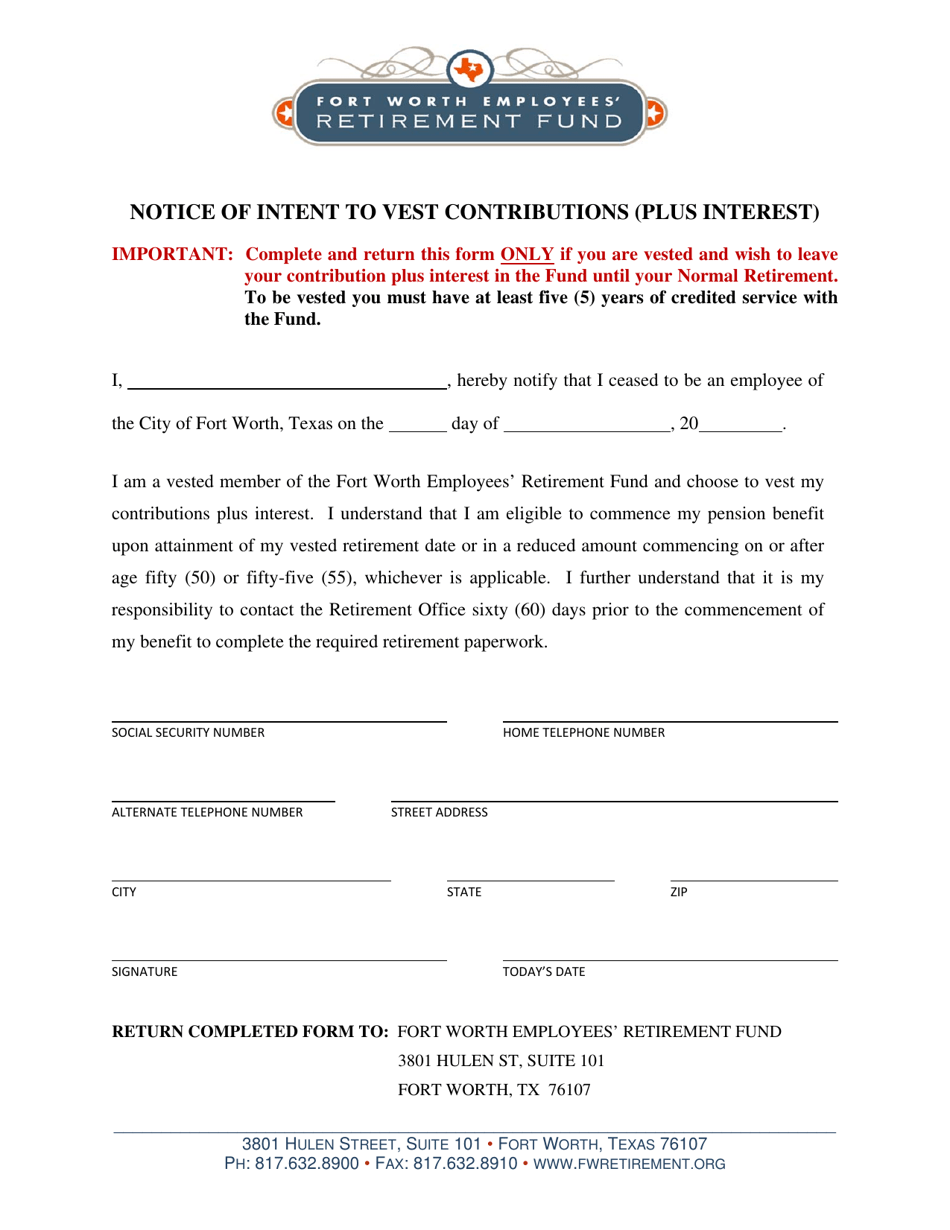 City of Fort Worth, Texas Notice of Intent to Vest Contributions (Plus ...