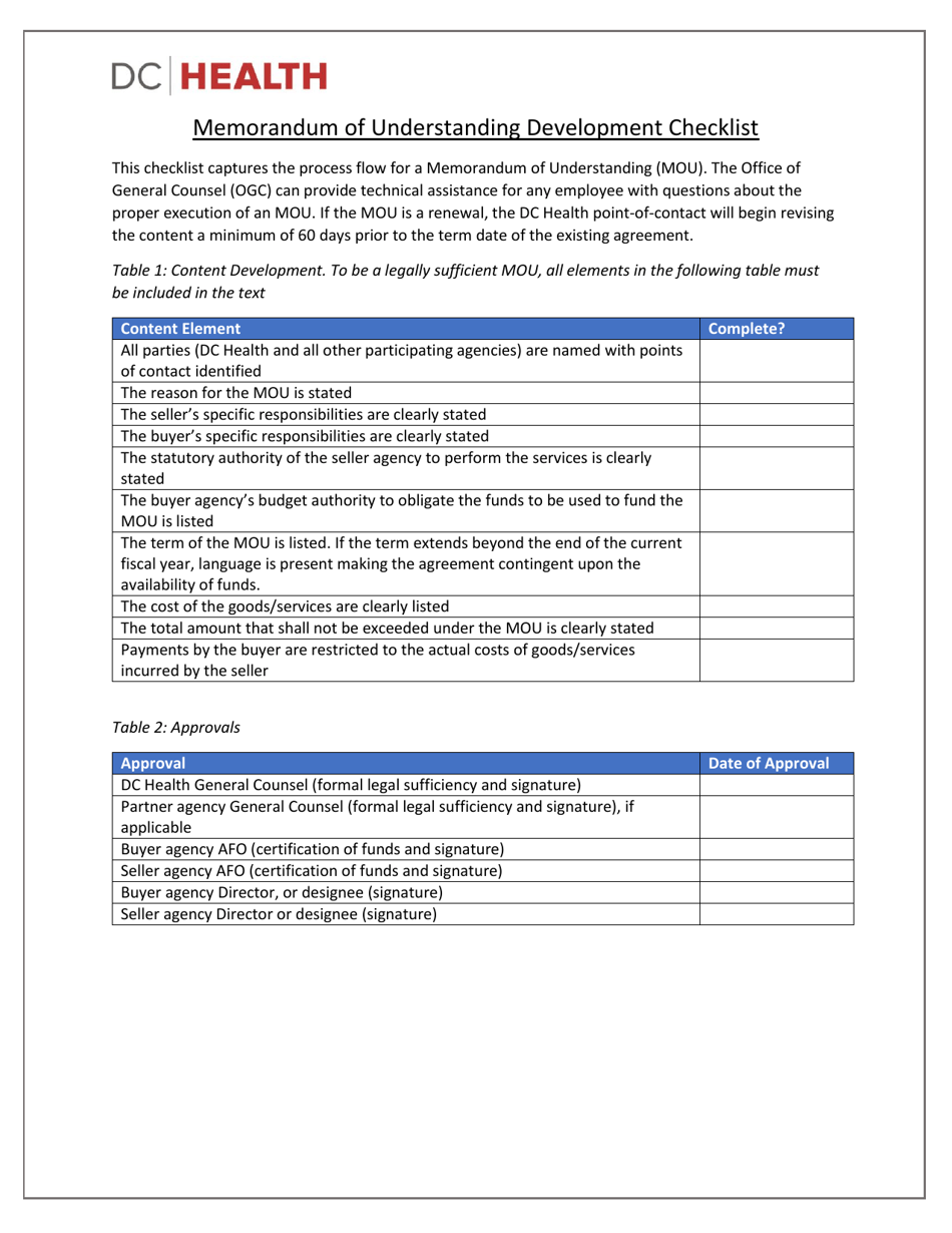 Washington, D.C. Memorandum of Understanding Development Checklist ...